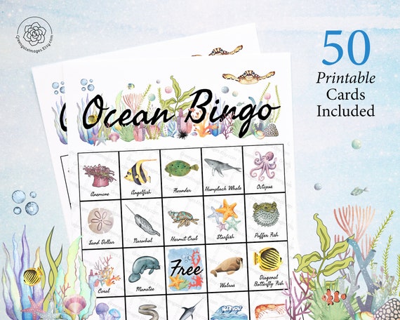 Ocean Bingo Cards: Printable bingo cards 50 cards kids game | Etsy