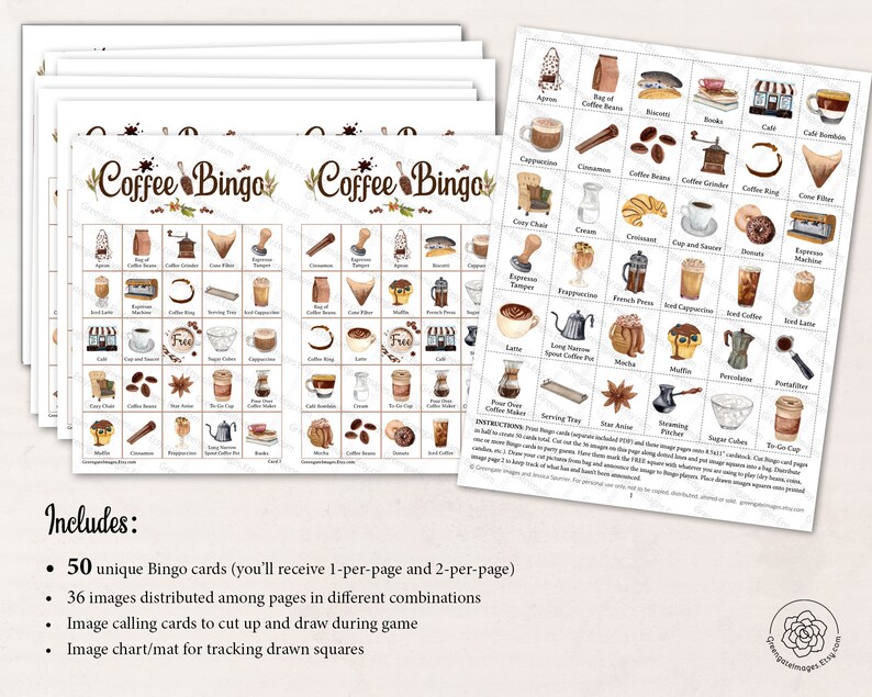 Coffee Bingo Cards: Printable Bingo Cards, Color Pictures, 50 Cards ...
