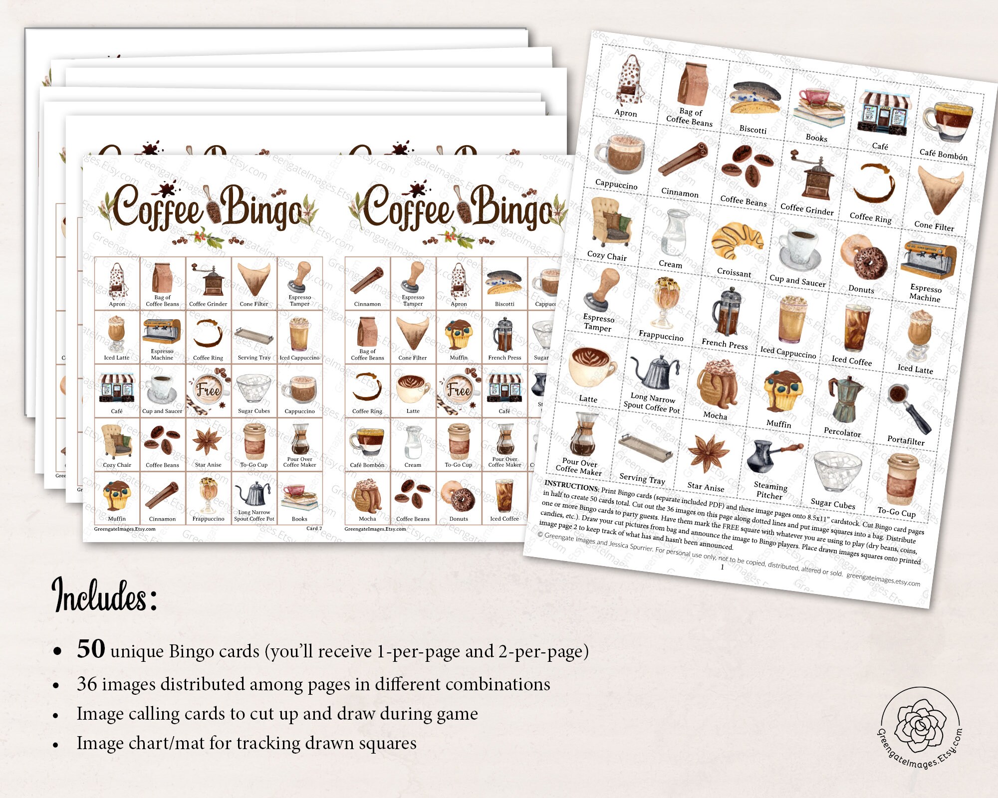Coffee Bingo Cards: Printable Bingo Cards, Color Pictures, 50 Cards ...