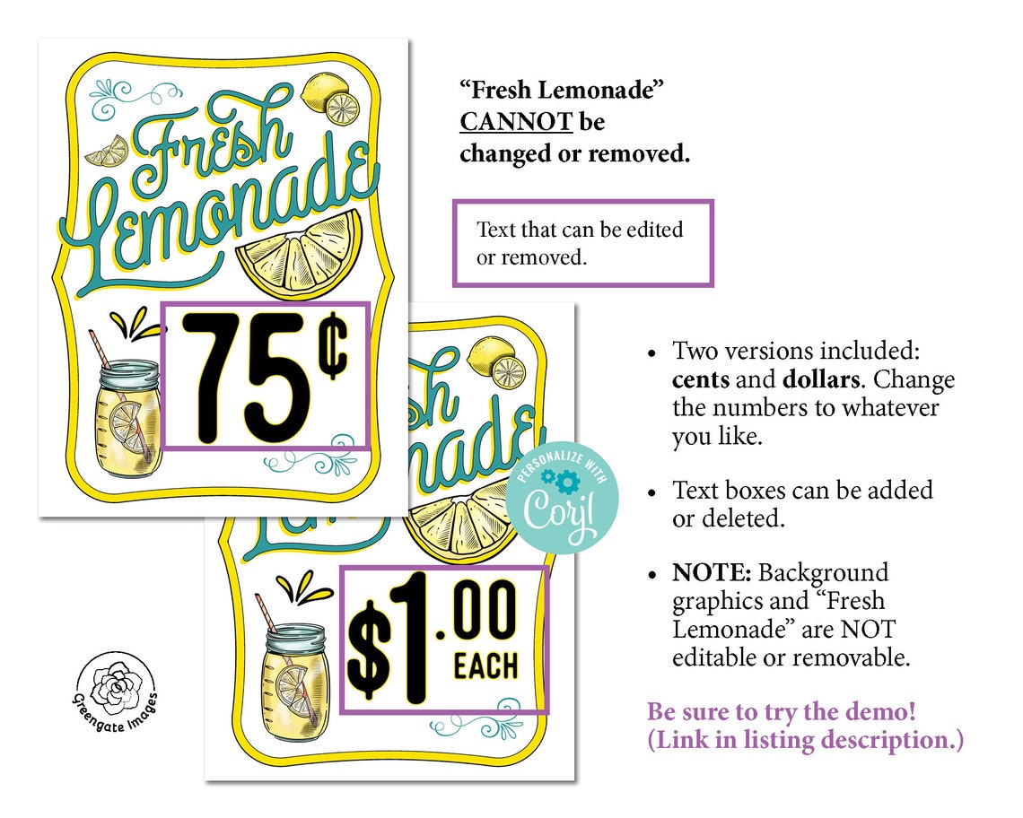 Fresh Lemonade Sign PRINTABLE Corjl 8.5x11 Sign - Etsy