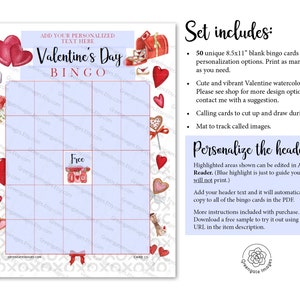 FILLABLE Valentine Heart Bingo Template: 50 Cards Printable Pdf ...