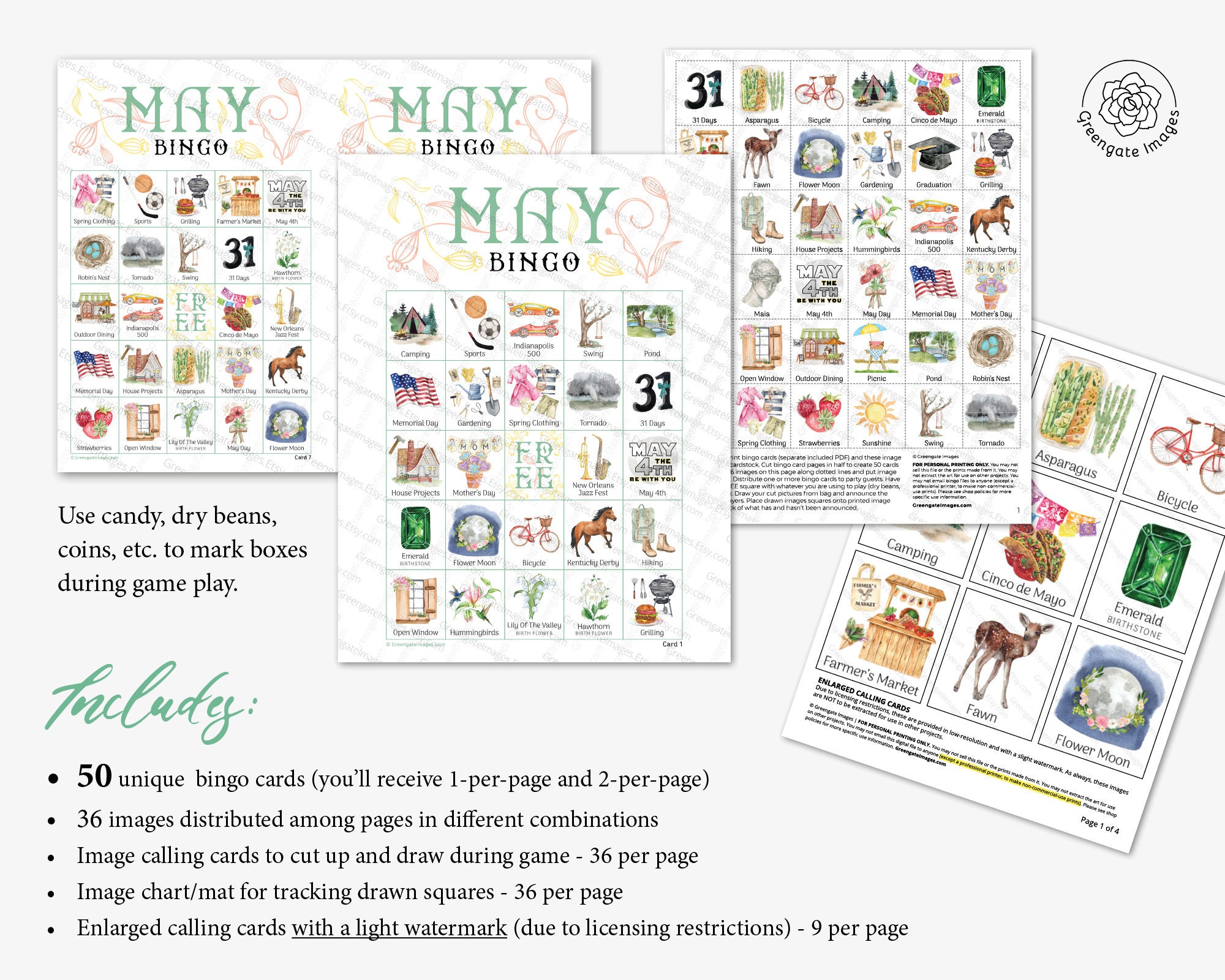 May Bingo - 50 PRINTABLE Unique Cards. Instant Digital Download PDF ...