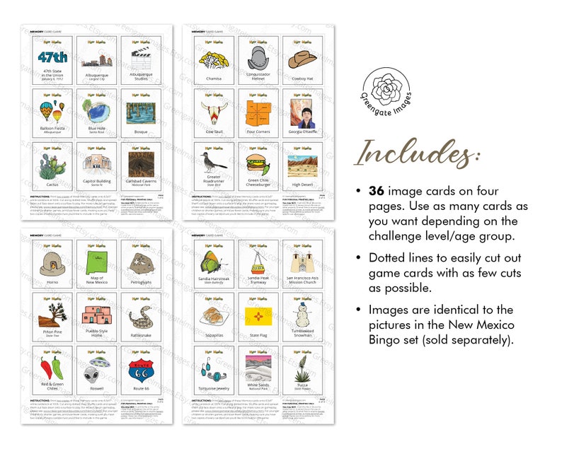 New Mexico Memory Game - PRINTABLE Downloadable Activity PDF. Matching ...