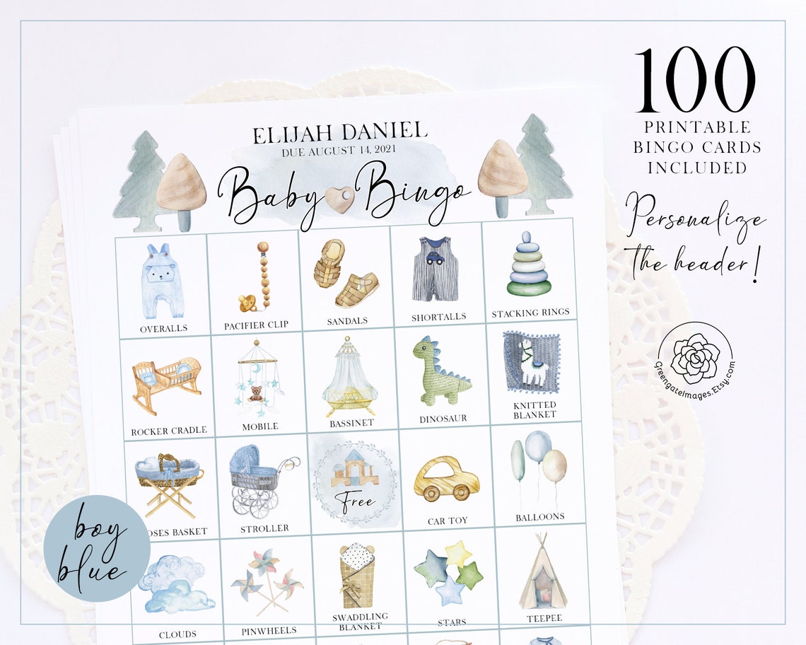 BOY - Baby Shower Bingo: 100 Cards, PRINTABLE Bingo Pdf, Personalized ...