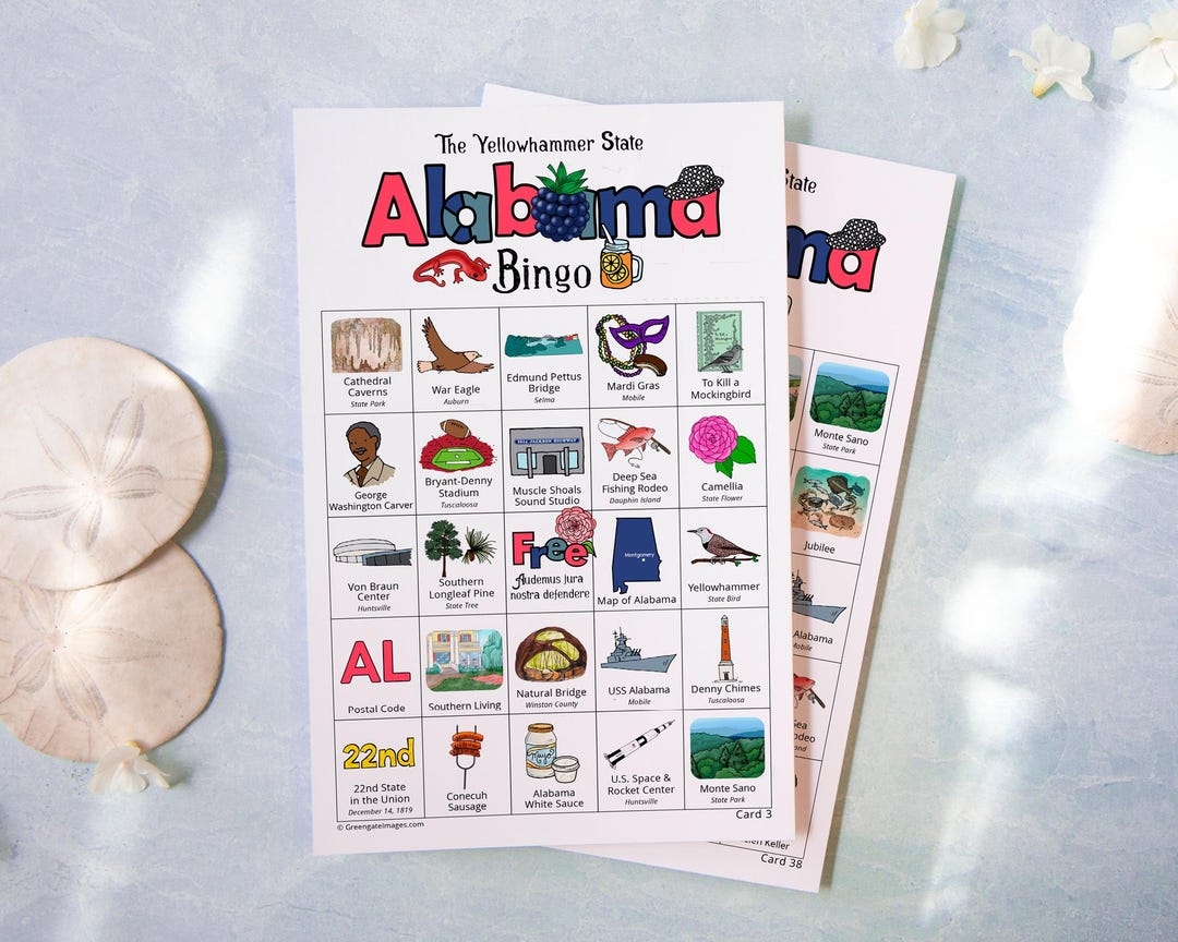 Alabama Bingo Cards - 50 PRINTABLE Unique Cards Download Instantly. Fun ...
