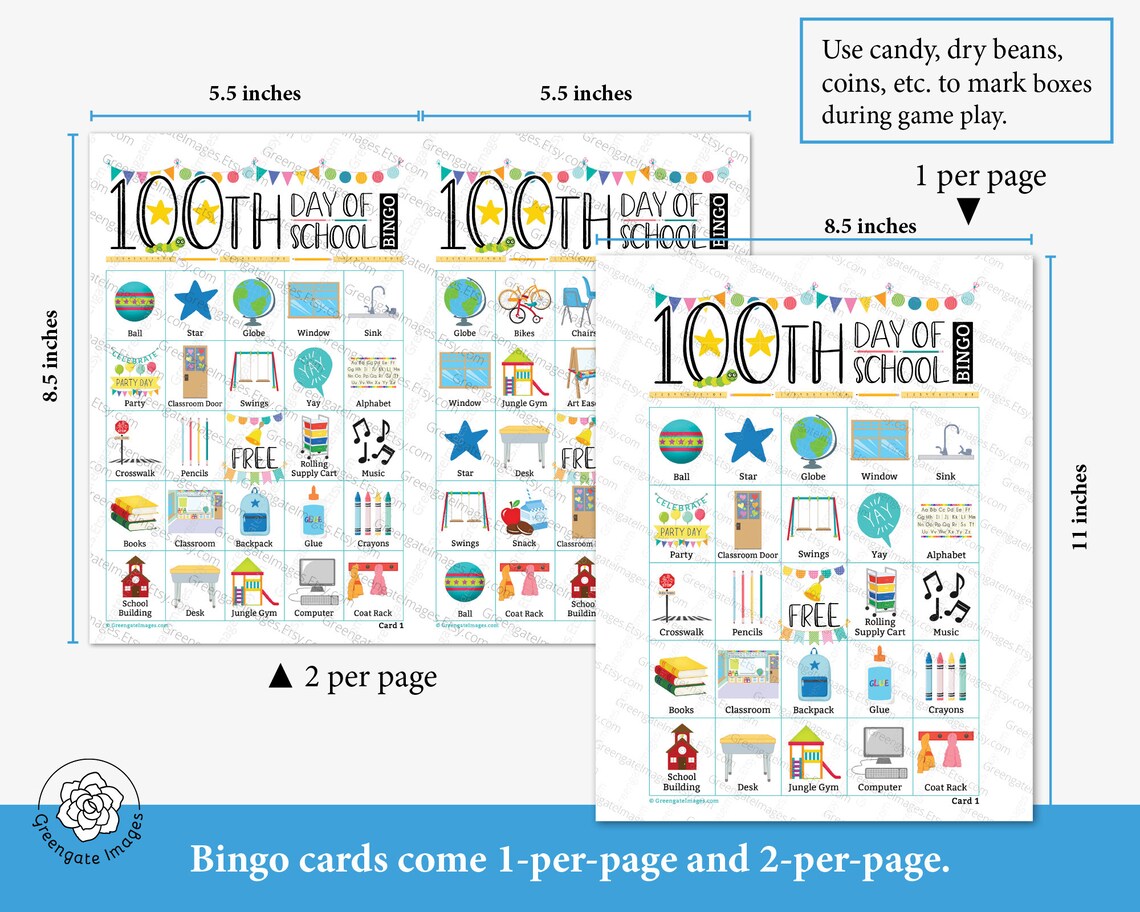 100th Day of School Bingo - 50 PRINTABLE Unique Cards. Instant Digital ...
