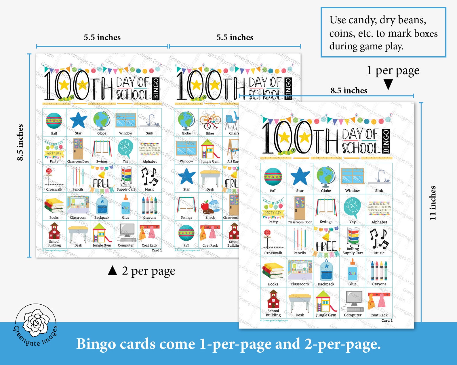 100th Day of School Bingo - 50 PRINTABLE Unique Cards. Instant Digital ...