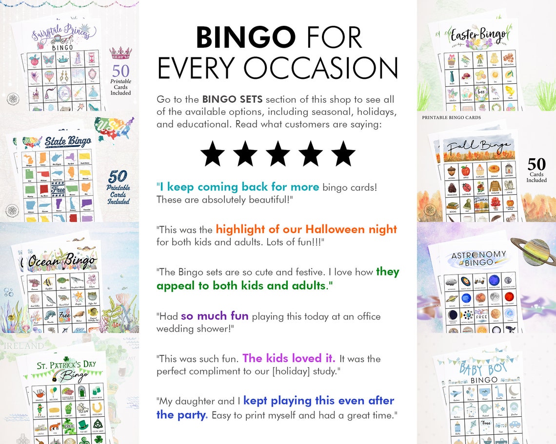 Chocolate Bingo Cards: Printable Bingo Cards, Color Pictures, 50 Cards ...