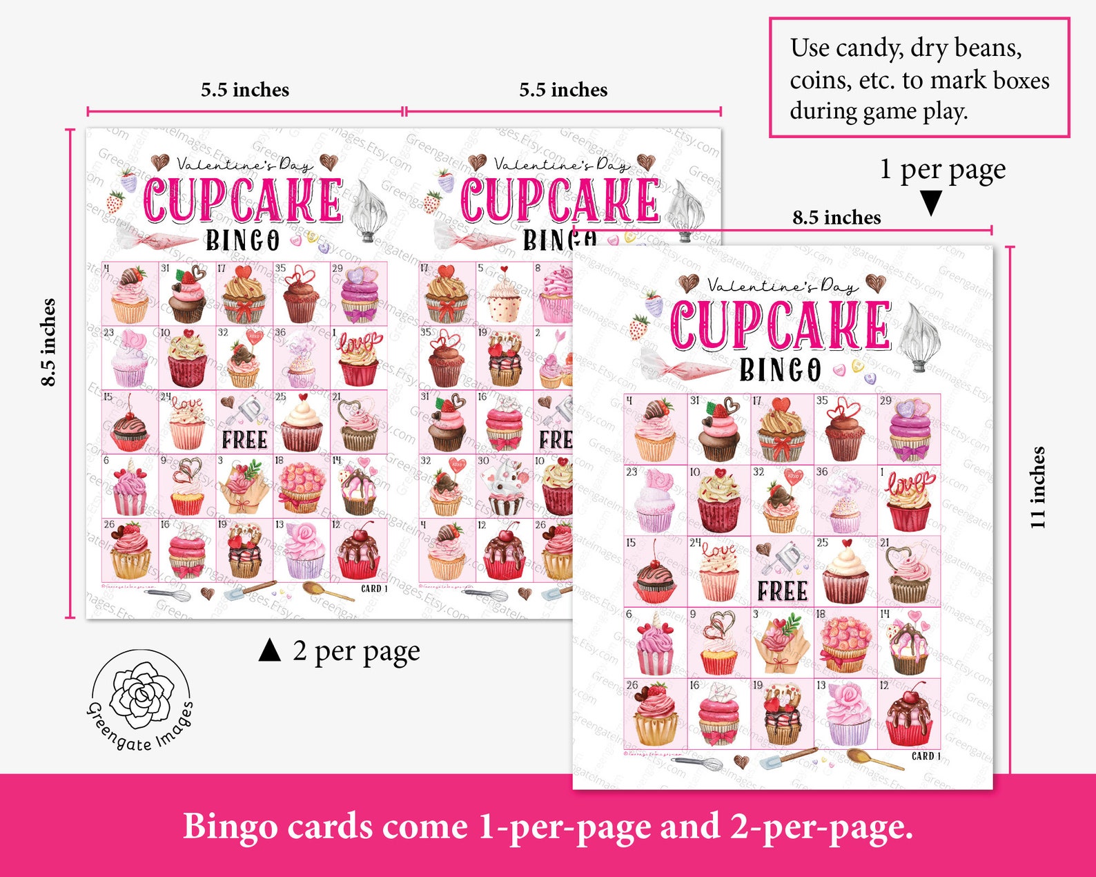 Valentine Cupcake Bingo - 50 PRINTABLE Unique Cards W/hand-painted ...