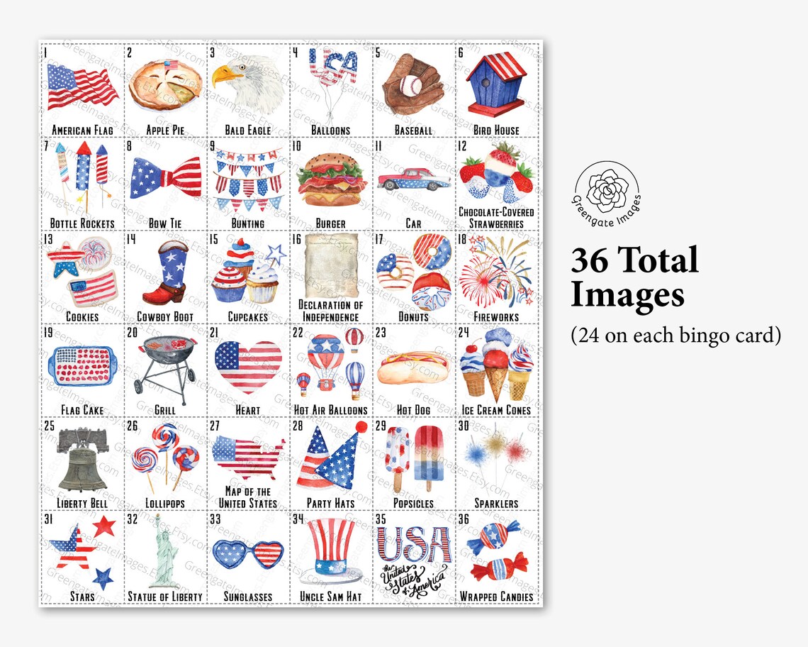 Fourth of July/independence Day Bingo - 50 PRINTABLE Unique Cards ...