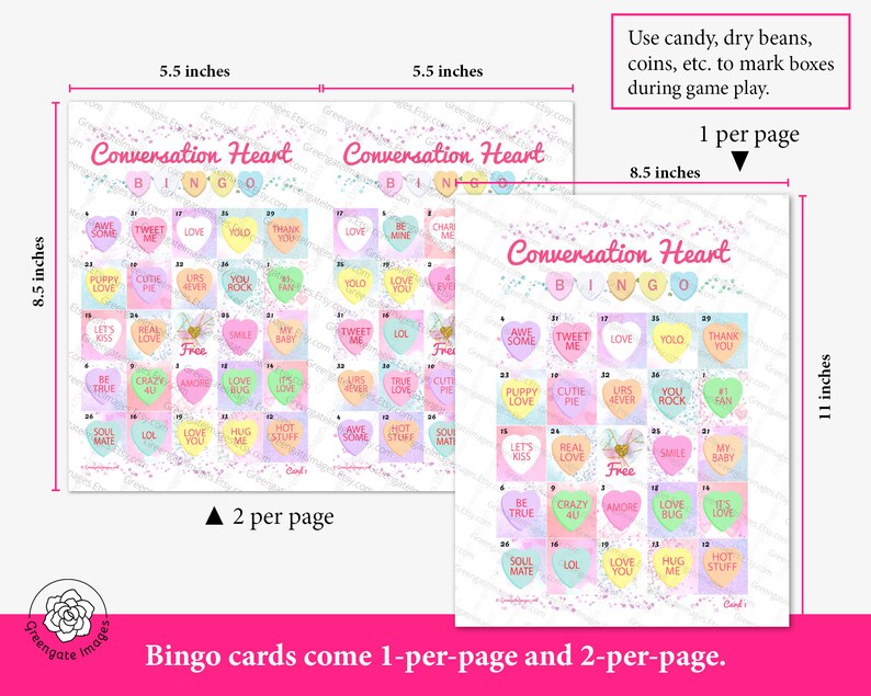 Conversation Heart Bingo - 50 PRINTABLE Unique Cards W/hand-painted ...