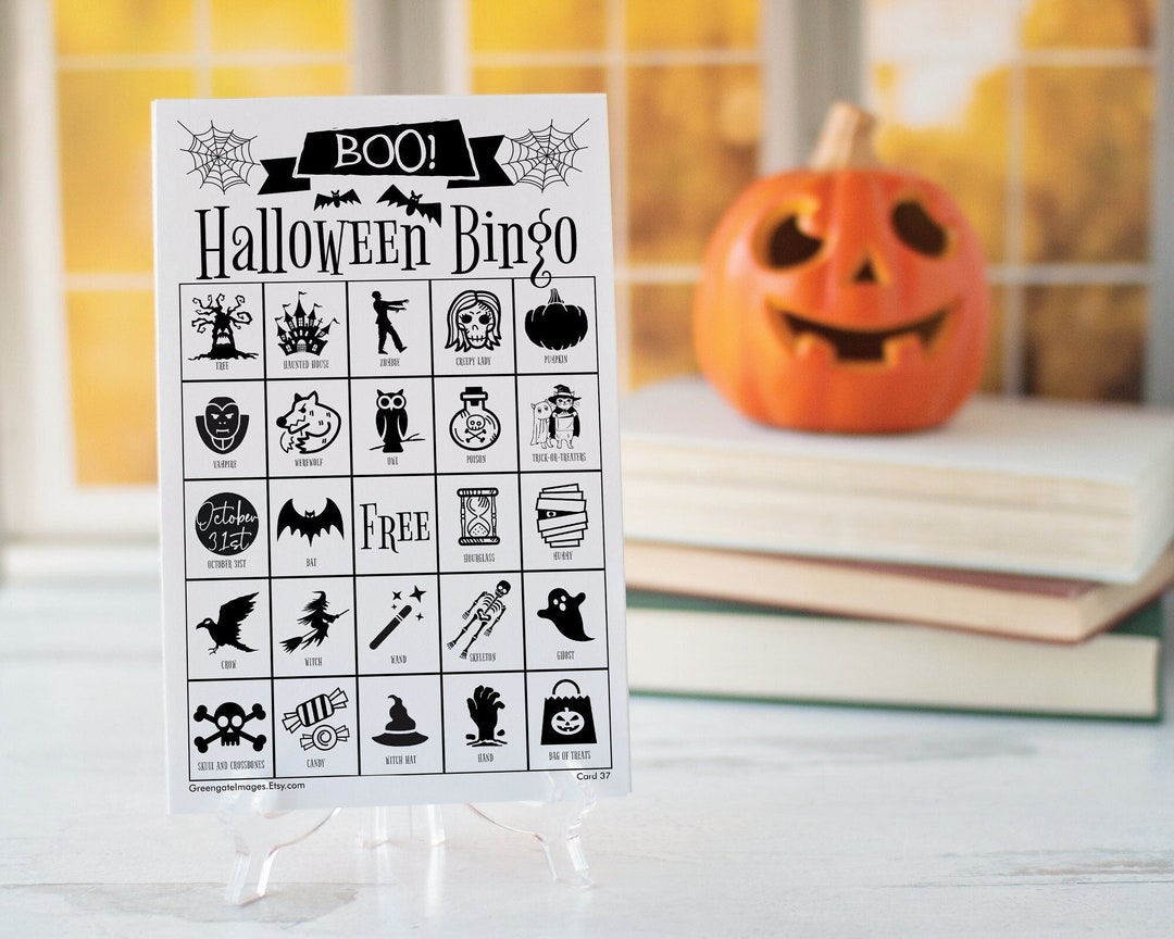Halloween Bingo Cards - 50 PRINTABLE Unique Cards, Black and White ...