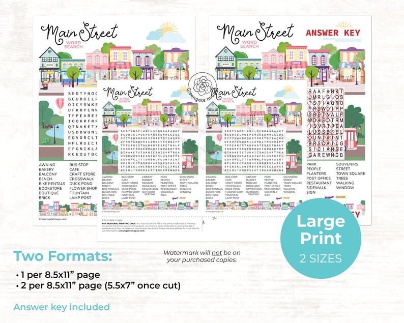 Main Street Word Search - PRINTABLE Downloadable Activity. Pretty ...