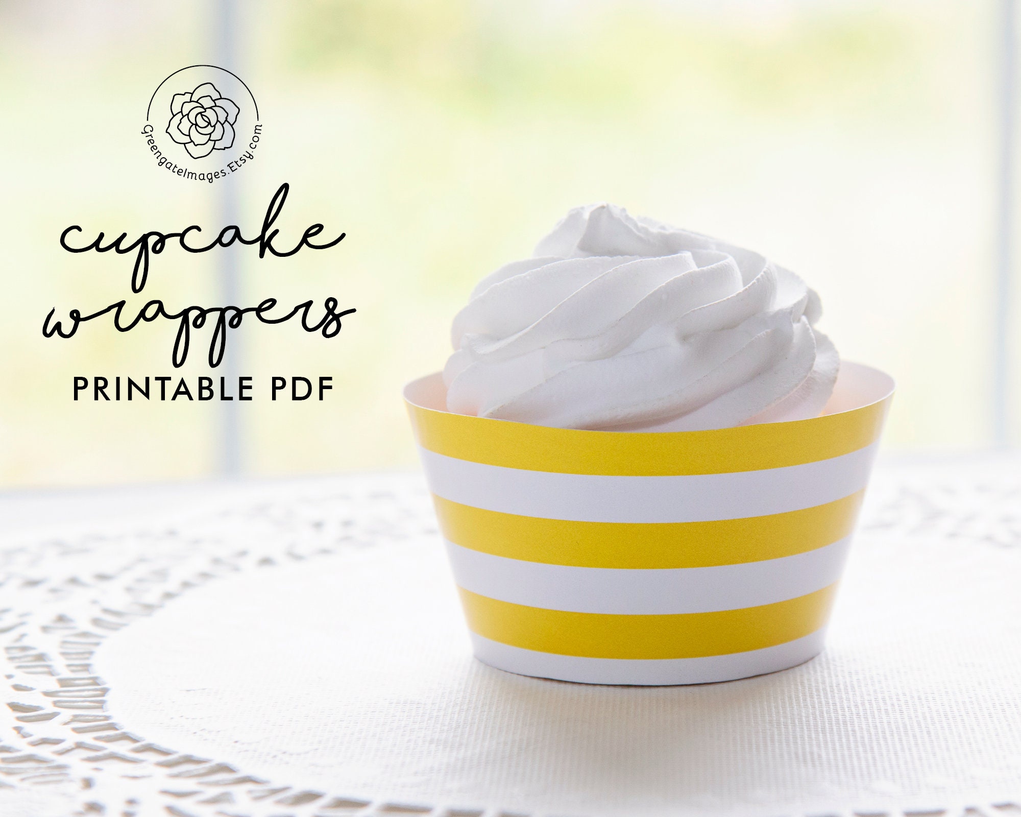 Yellow Striped Printable Cupcake Wrapper instant digital | Etsy