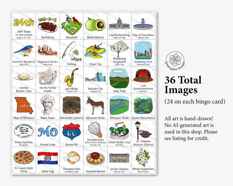 Missouri Bingo Cards - 50 PRINTABLE Unique Cards Download Instantly ...