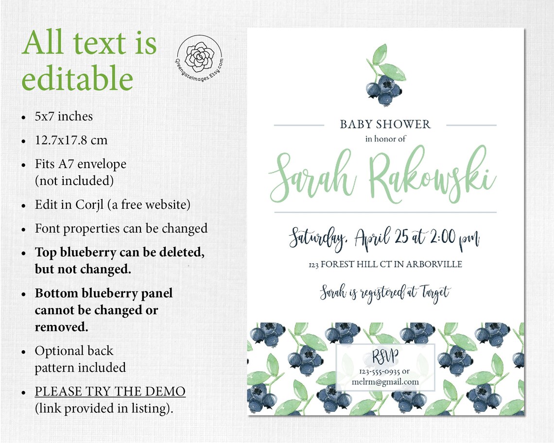 Blueberry Party Invitation CORJL Template 5x7 Invite - Etsy