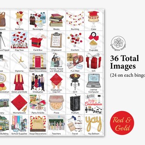 Graduation Bingo - 50 PRINTABLE Unique Cards. Bright Red and Gold Color ...