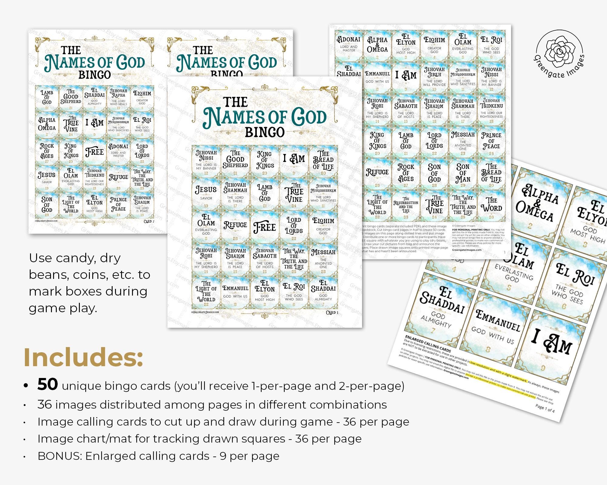 Names of God Bingo - 50 PRINTABLE Unique Cards. Instant Digital ...