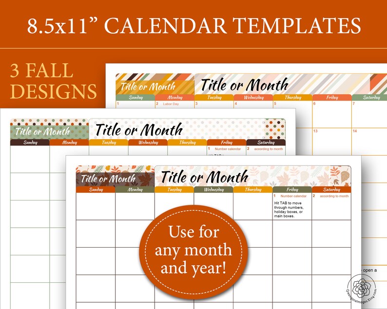 Editable Calendar Templates: Blank Calendar Pages Fall - Etsy