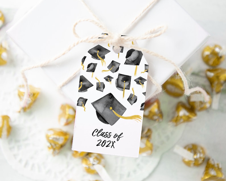 Black Graduation Cap Gift Tags - PRINTABLE, Editable Corjl, Favor Bag ...