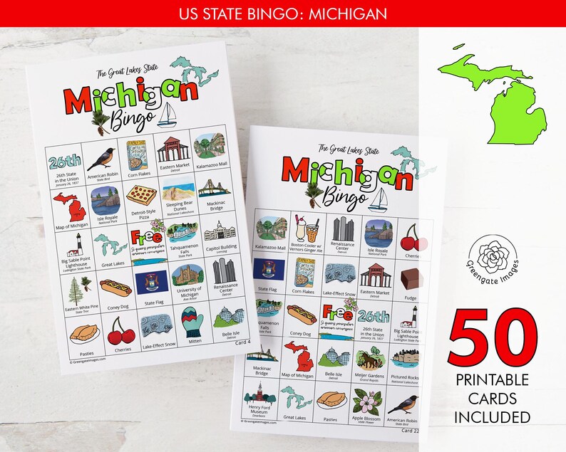 Michigan Bingo Cards - 50 PRINTABLE Unique Cards to Download Instantly ...