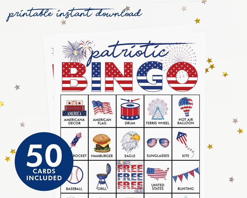 Patriotic Bingo Cards: Printable Bingo 50 Cards 4th of July | Etsy