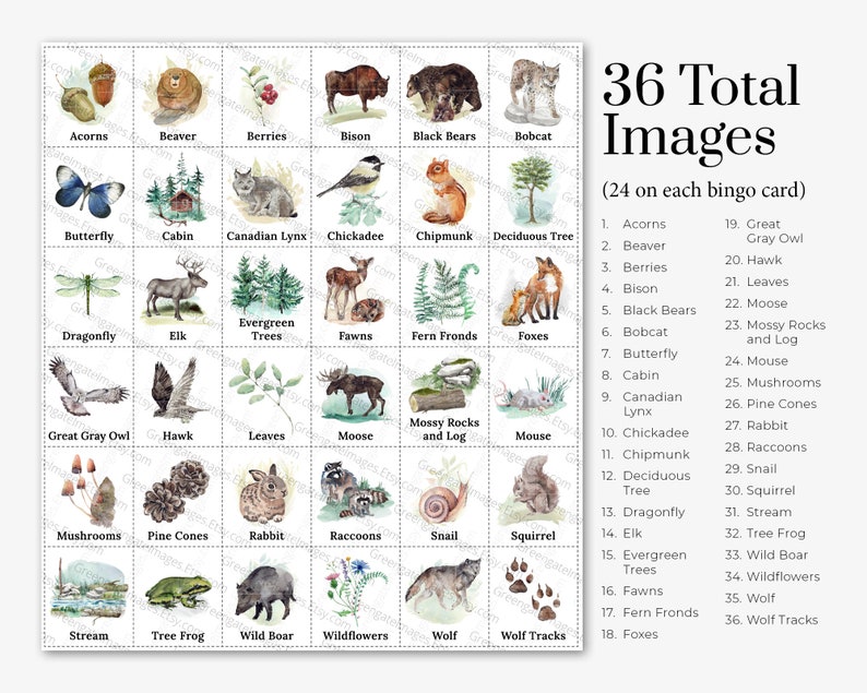 Woodland/forest Bingo 50 PRINTABLE Unique Cards Game Idea - Etsy