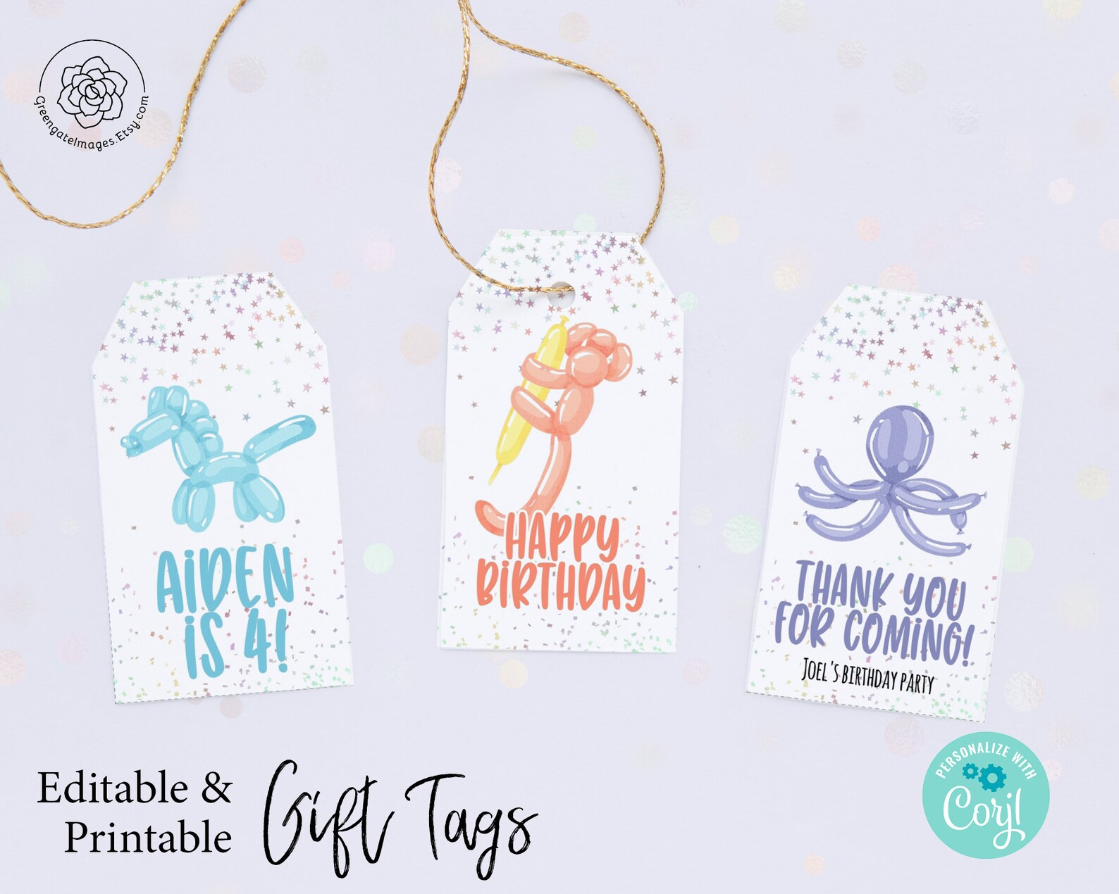 Balloon Animal Birthday Gift Tags Printable Gift Tag - Etsy