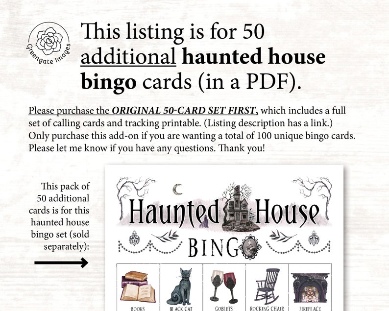 ADD-ON: 50 Additional Haunted House Bingo Cards (numbered 51-100) to Go ...