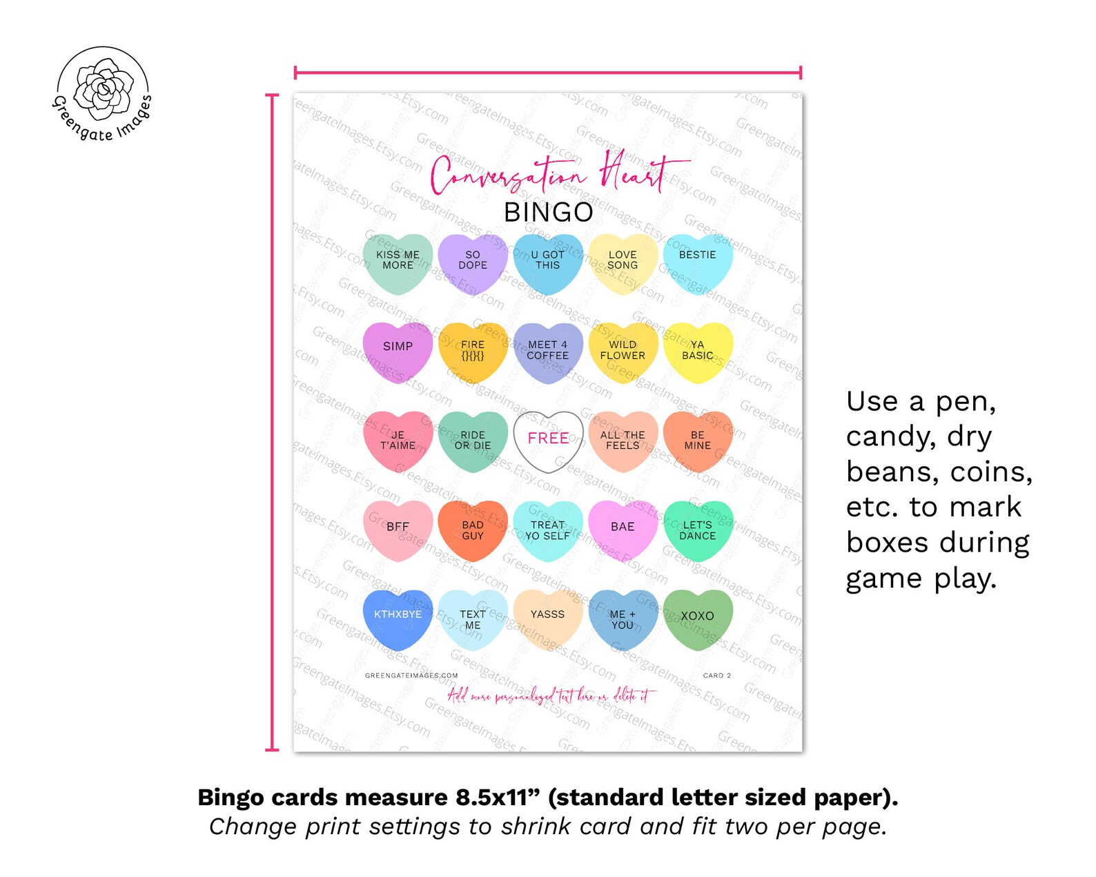 Conversation Heart Bingo Template: 50 Cards Printable Pdf, Editable ...