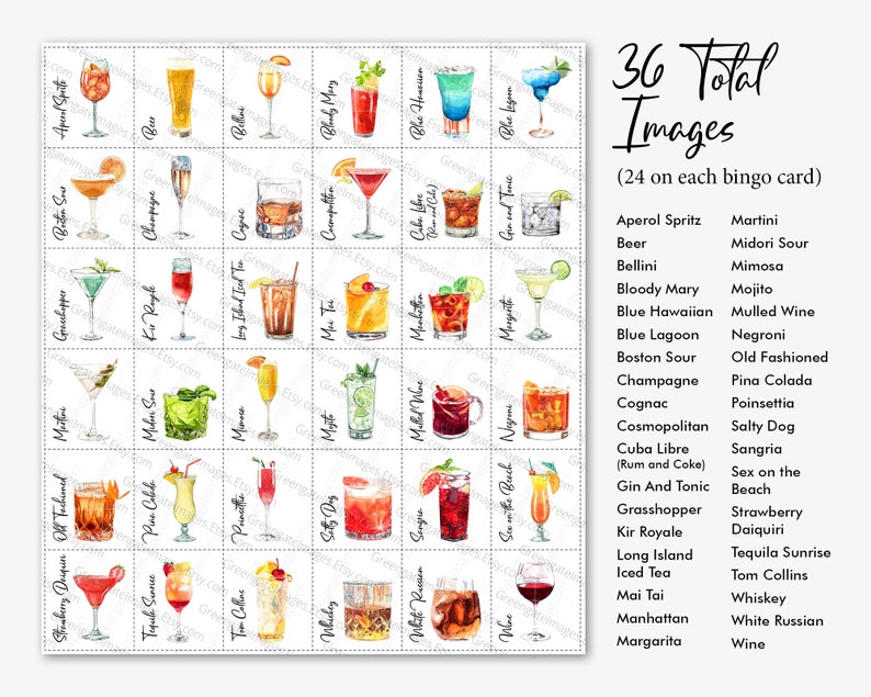 Cocktail Bingo: 50 Printable Bingo Cards With Labeled Alcoholic ...