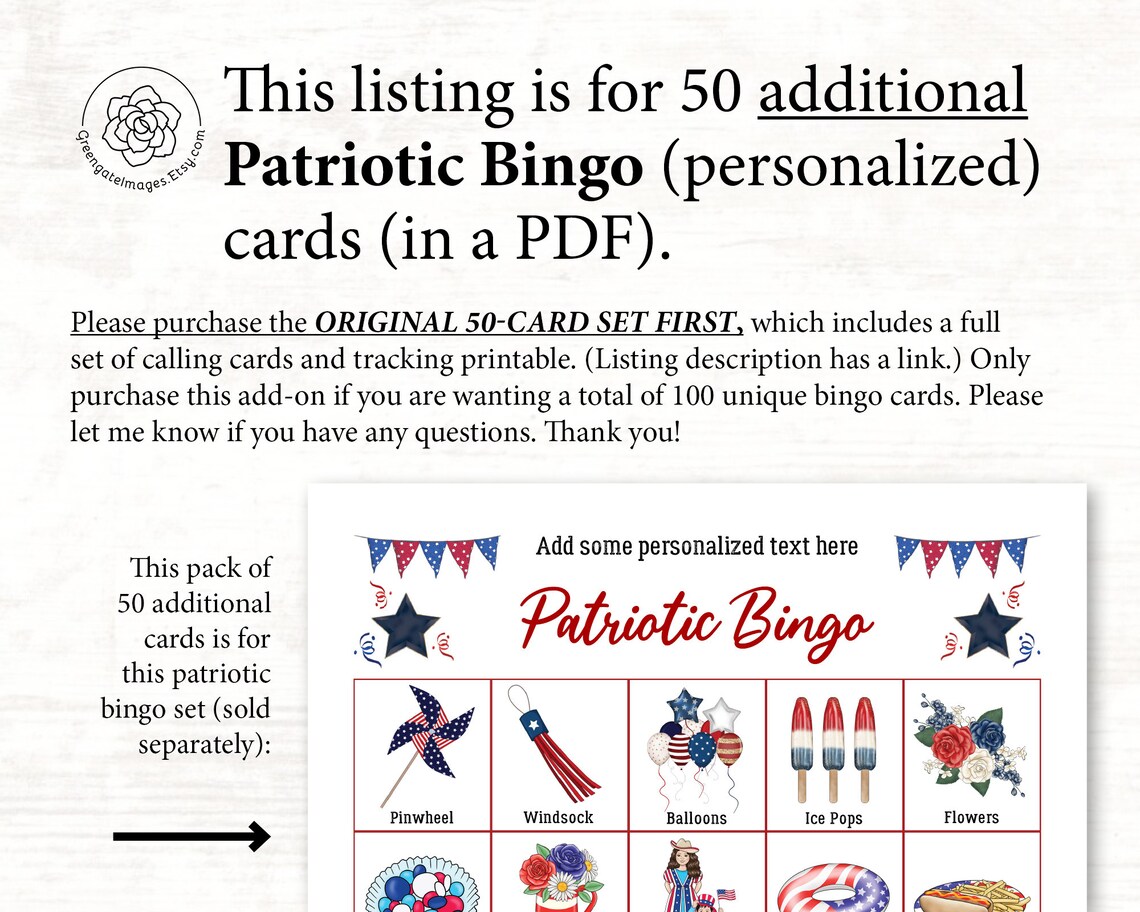 ADD-ON: 50 Additional Patriotic Bingo Cards numbered 51-100 - Etsy