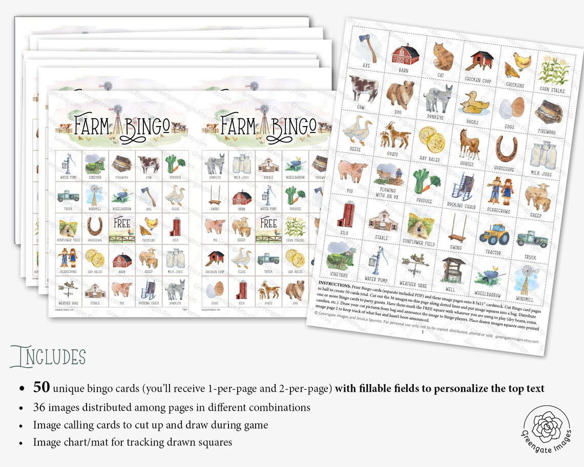 Farm Bingo: 50 Printable Bingo Cards Great for Farm-themed | Etsy