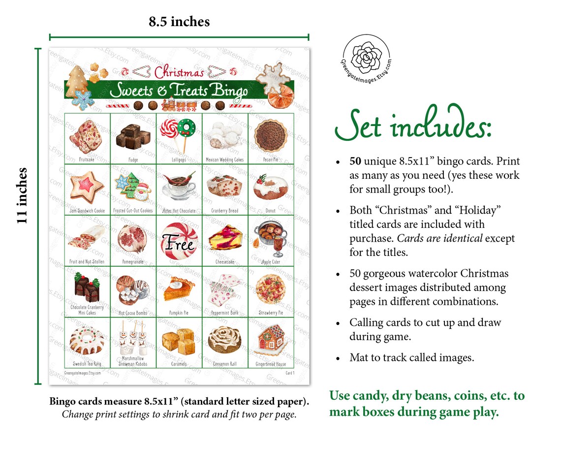 Holiday Dessert Bingo: 50 CARDS, Printable Bingo, Senior Citizen, Adult ...
