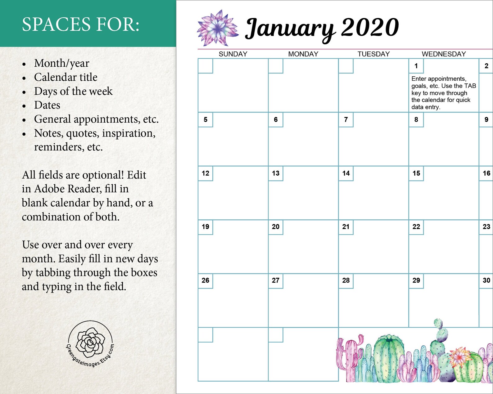 Editable Calendar Templates: Blank Calendar Pages Watercolor - Etsy