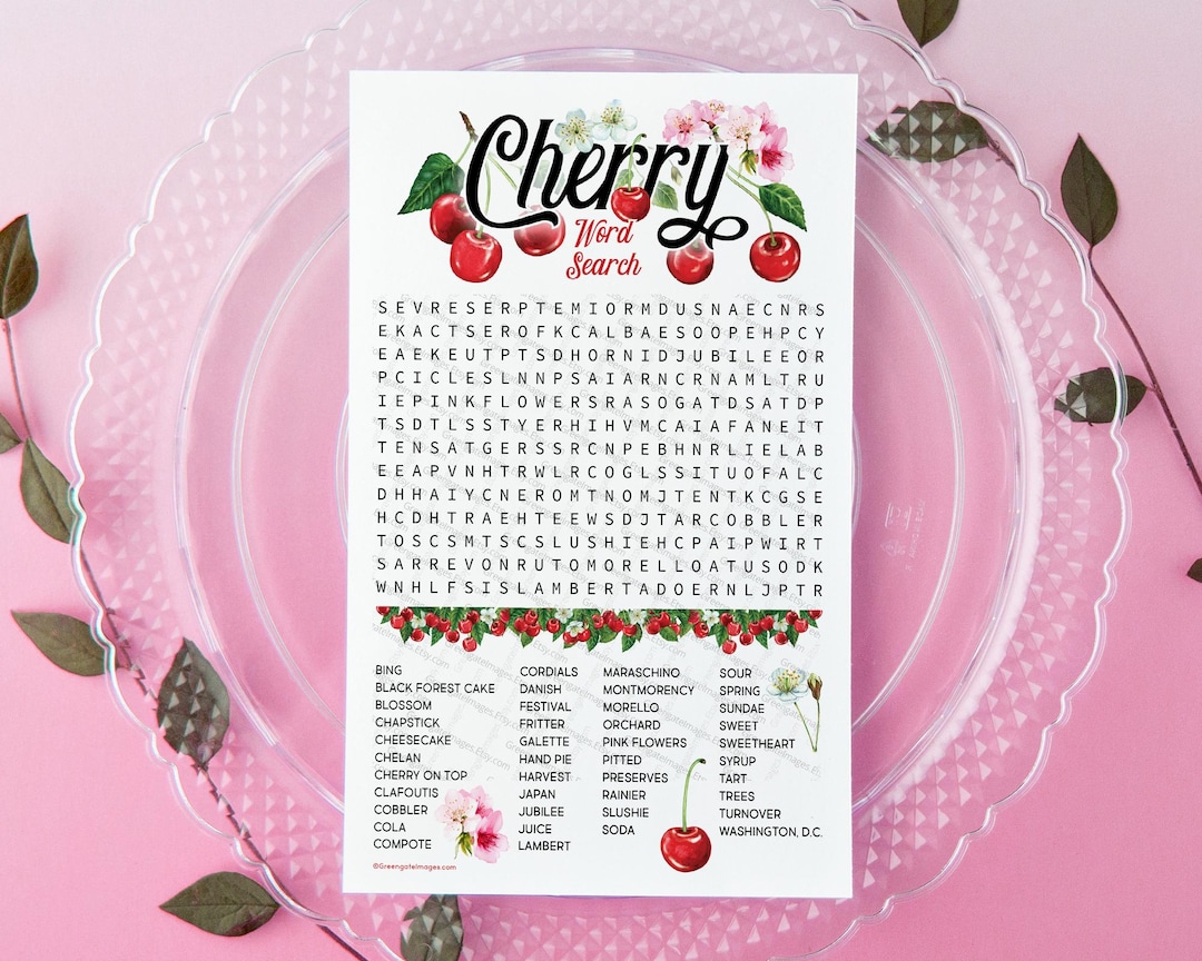 Cherry Word Search - PRINTABLE Downloadable Activity. Fun Word Find Party Guests, Adults & Older ...