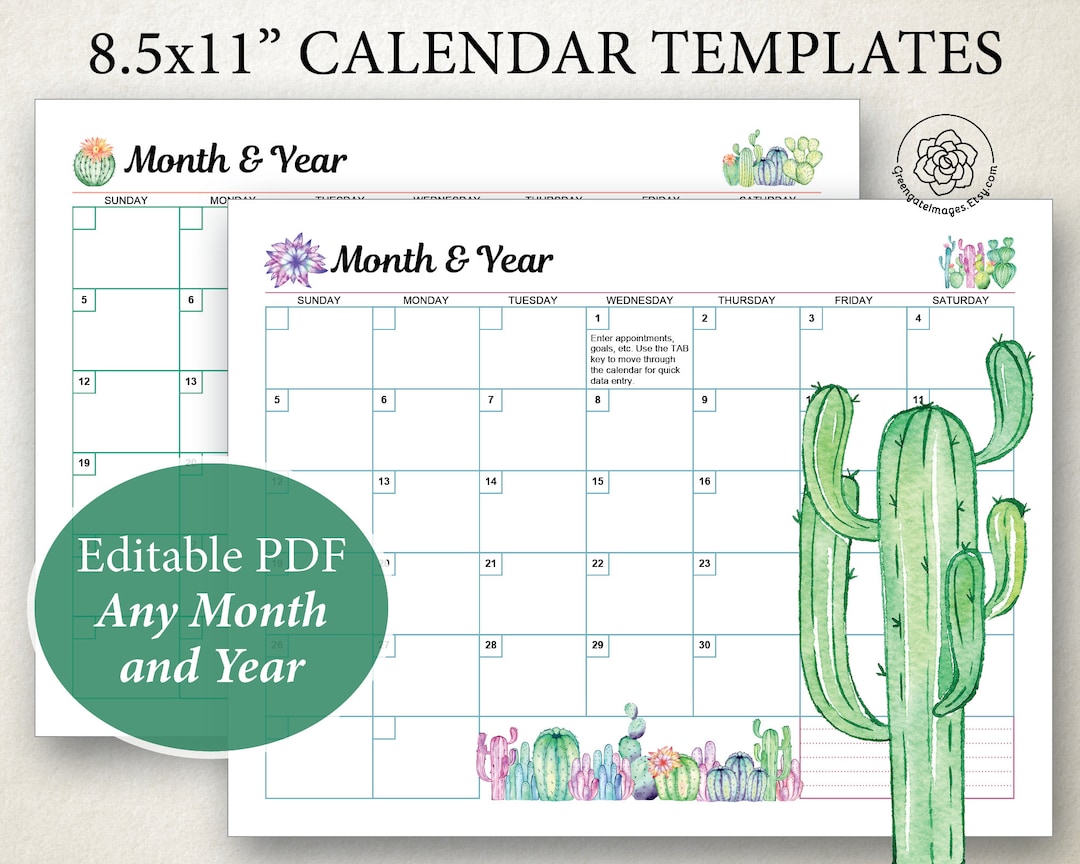 Editable Calendar Templates: Blank Calendar Pages, Watercolor Cactus ...