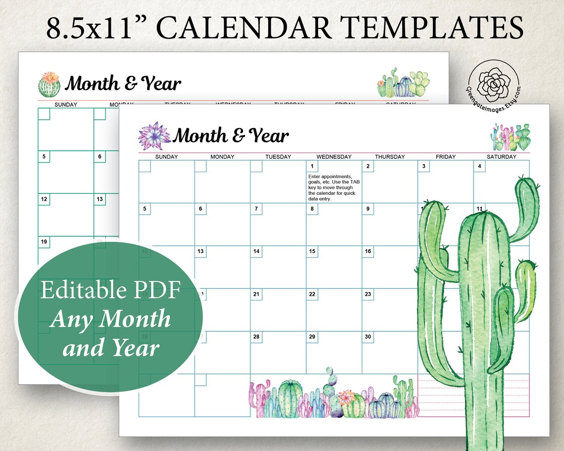 Editable Calendar Templates: Blank Calendar Pages Watercolor - Etsy