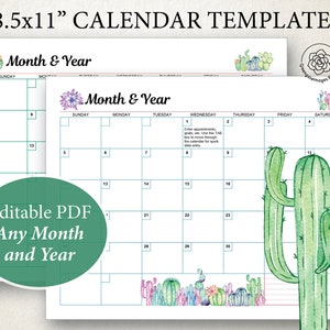 Editable Calendar Templates: Blank Calendar Pages, Watercolor Cactus ...
