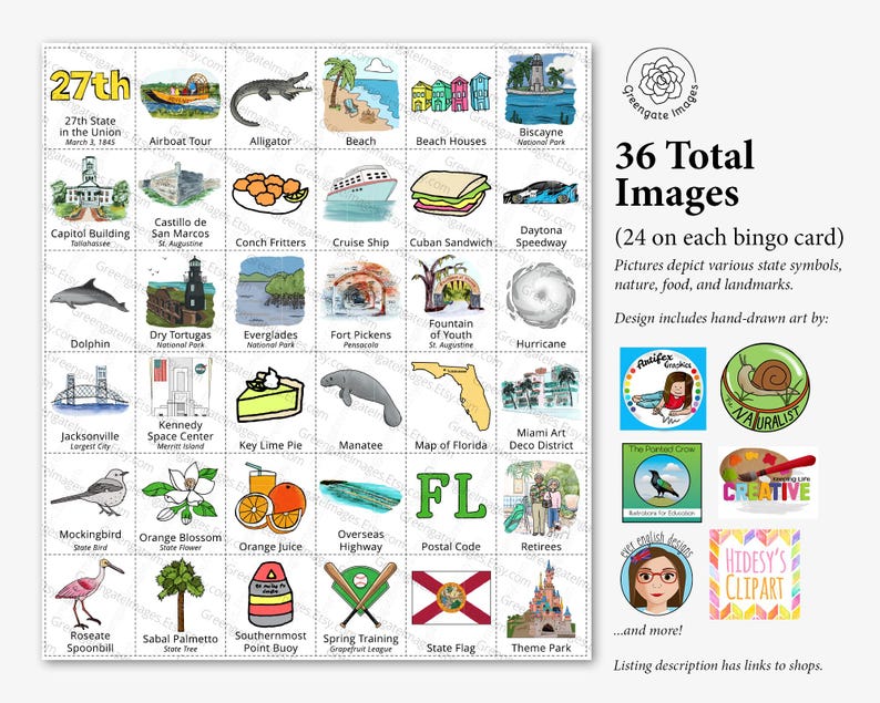 Florida Bingo Cards - 50 PRINTABLE Unique Cards You Download Instantly ...