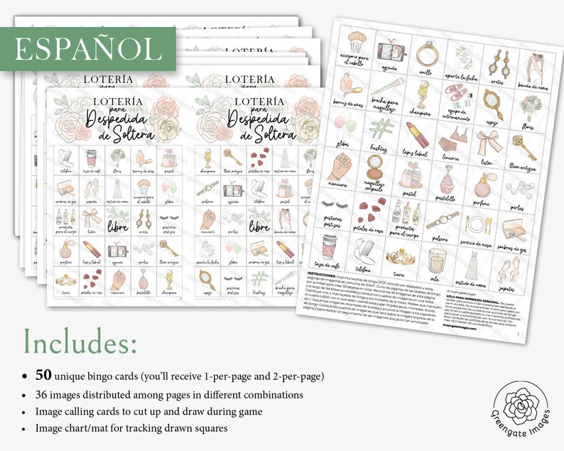 Lotería Para Despedida De Soltera - 50 PRINTABLE Bingo Cards, Spanish ...