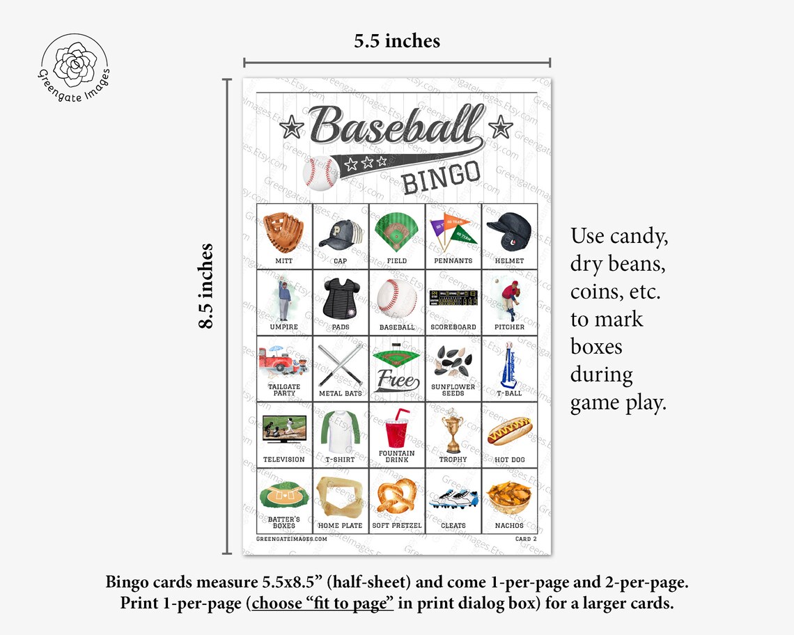 Baseball Bingo: PRINTABLE 50 Cards Bingo Pdf Game T-ball Fan | Etsy Canada