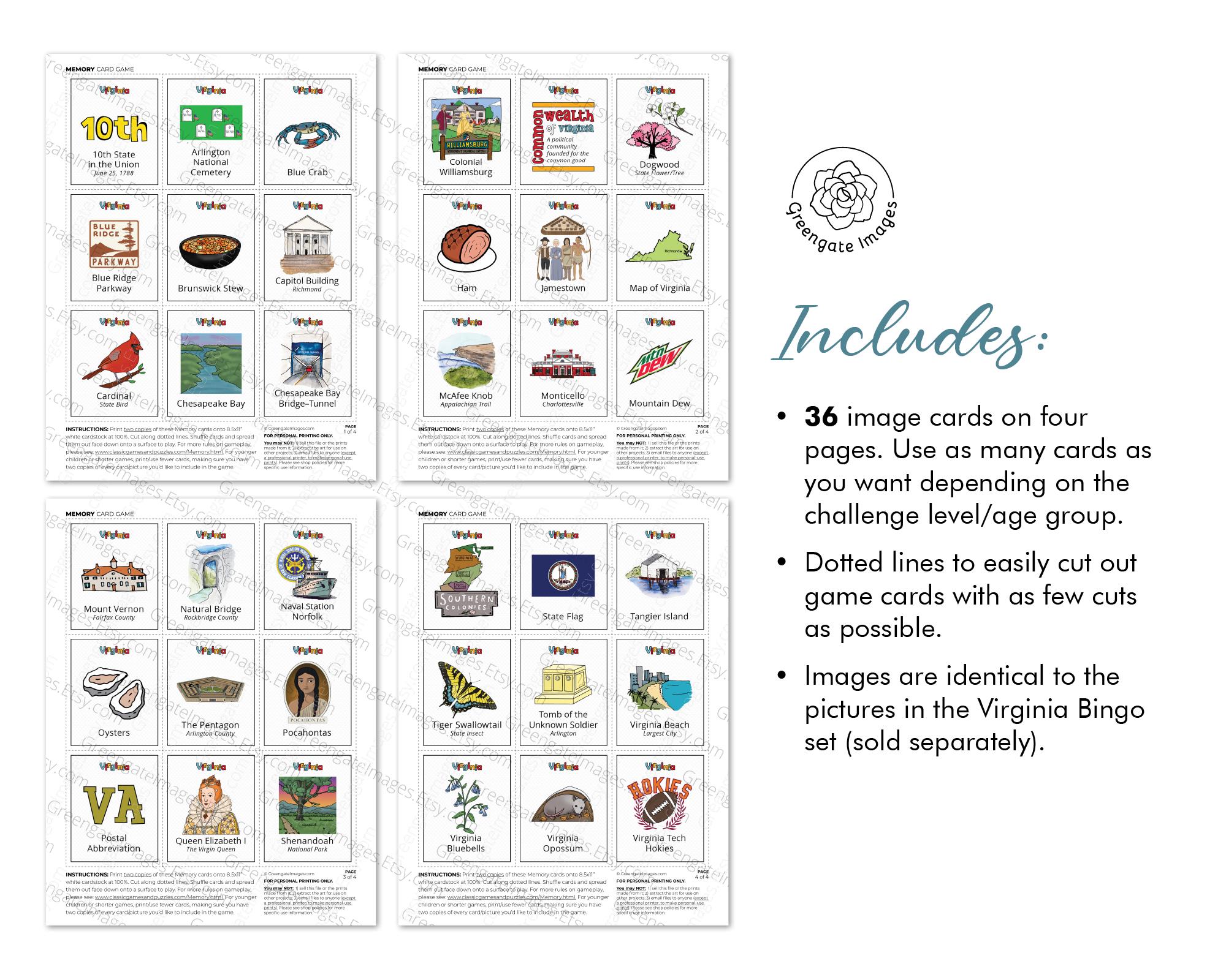Virginia Memory Game - PRINTABLE Downloadable Activity PDF. Matching ...