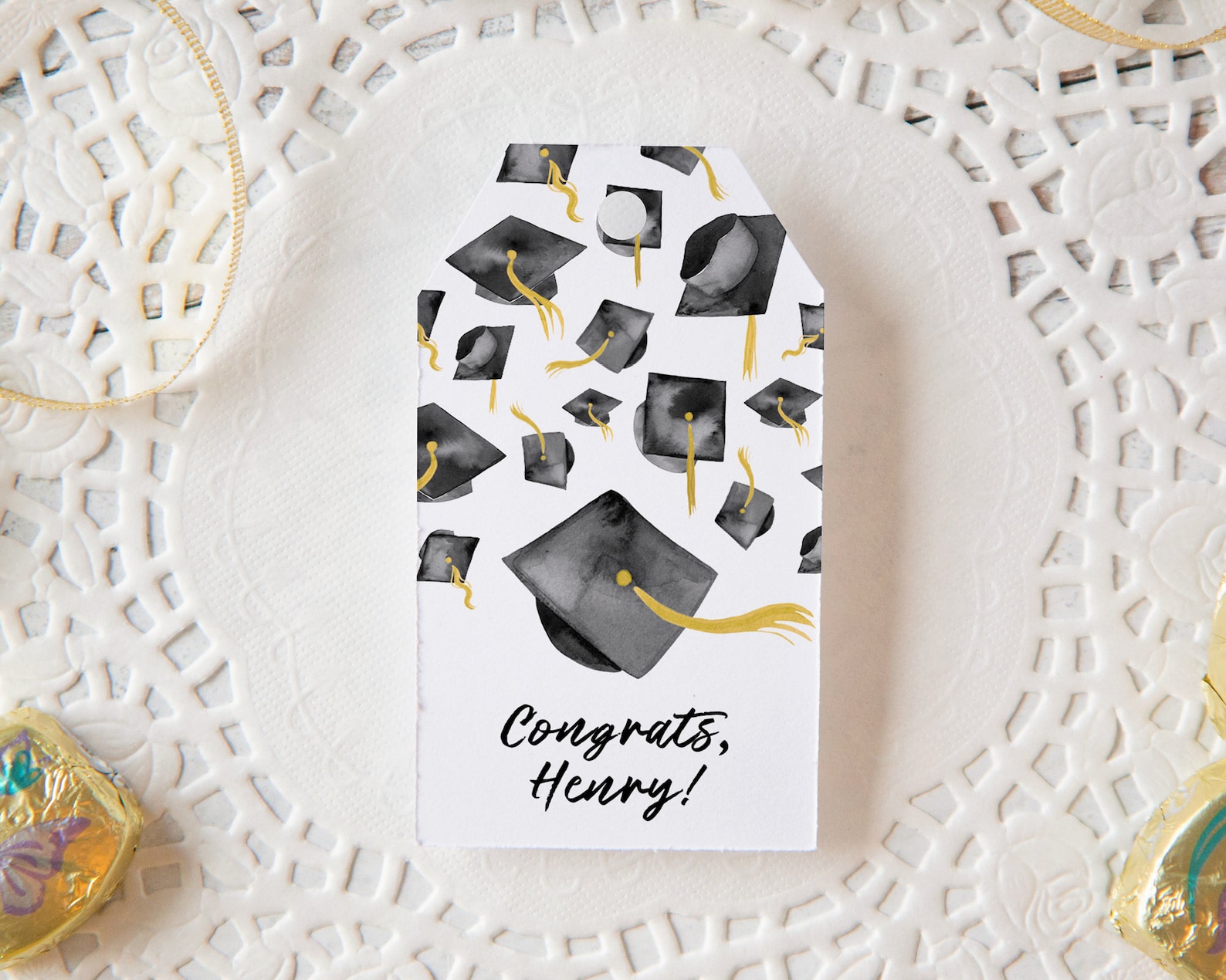 Black Graduation Cap Gift Tags - PRINTABLE, Editable Corjl, Favor Bag ...