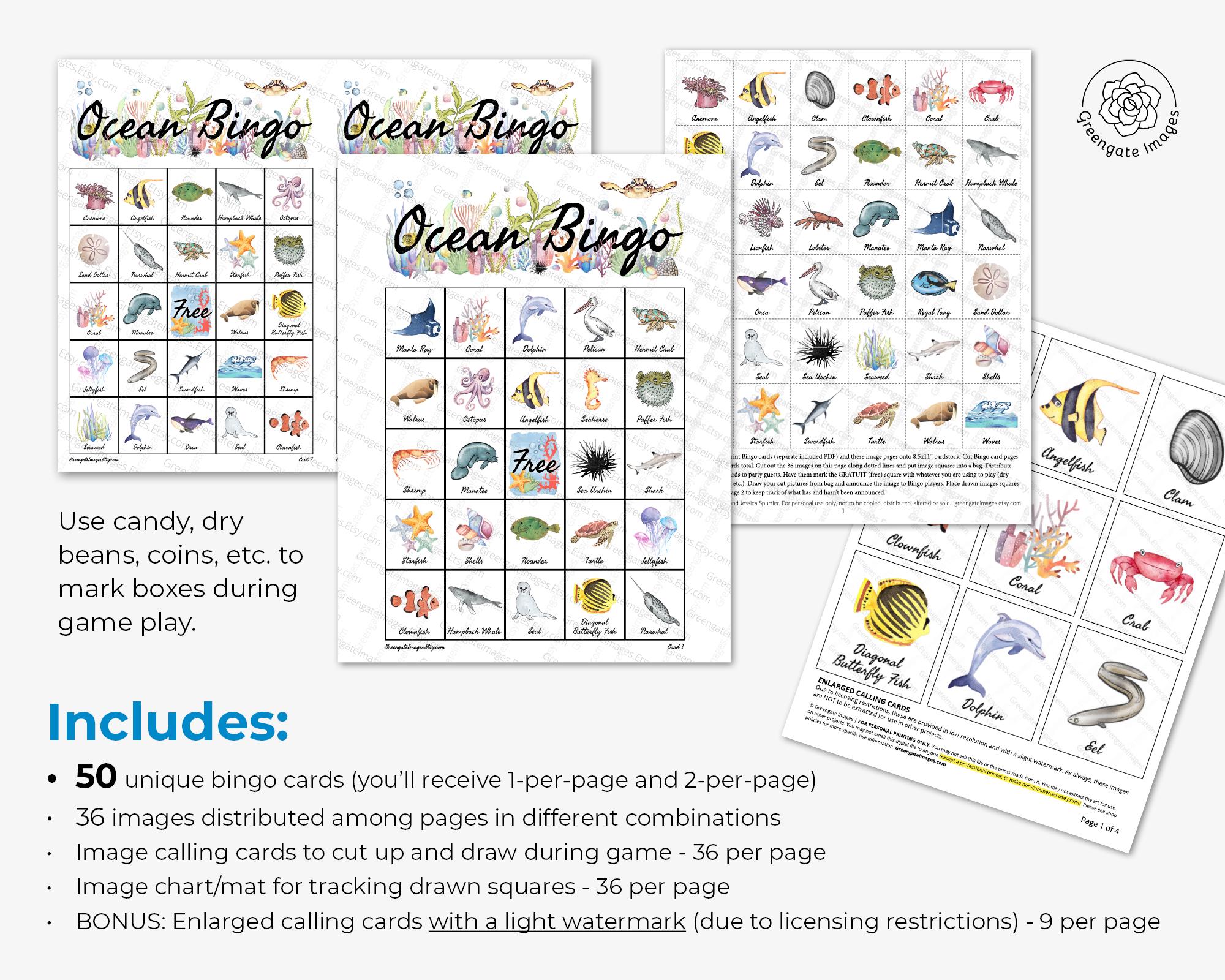 Ocean Bingo Cards: Printable Bingo Cards, 50 Cards, Kids Game Activity ...