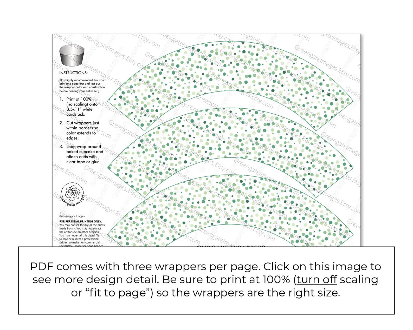 Green Confetti Spots Cupcake Wrapper - PRINTABLE Instant Download PDF ...