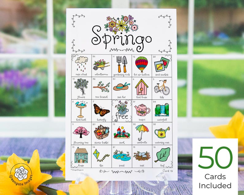 Spring Bingo - 50 PRINTABLE Unique Cards. Senior Citizen Activity, Kids ...
