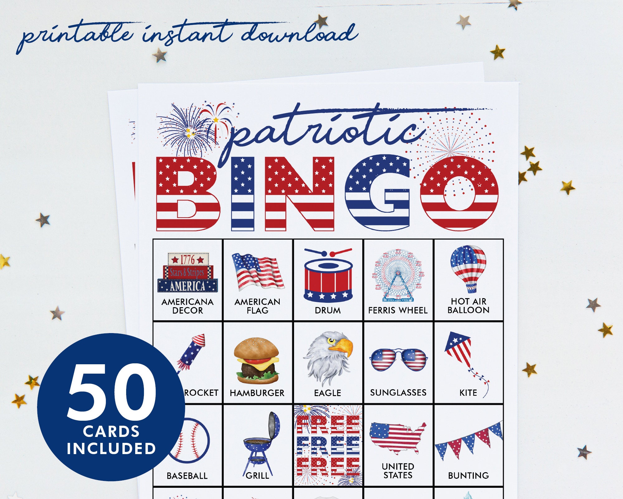 Patriotic Bingo Cards: Printable bingo 50 cards 4th of July | Etsy