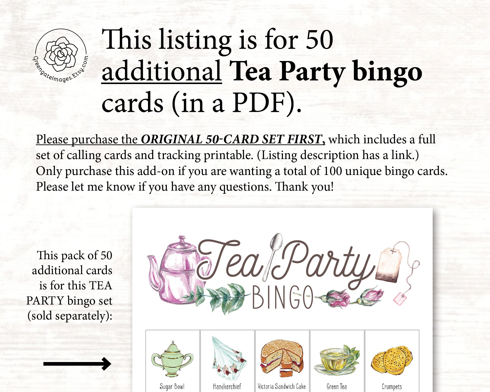 ADD-ON: 50 Additional Tea Party Bingo Cards (numbered 51-100) to Go ...