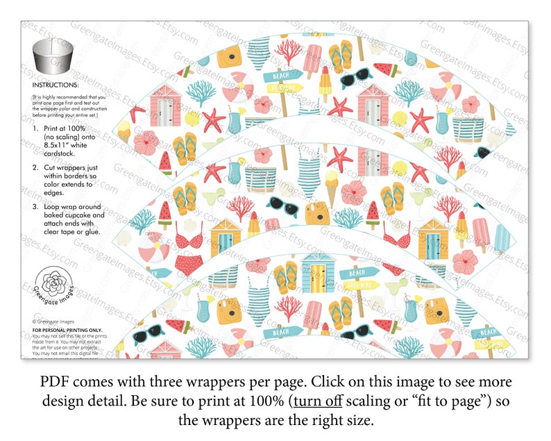 Summer Beach Cupcake Wrapper - PRINTABLE Instant Download, Swimming ...
